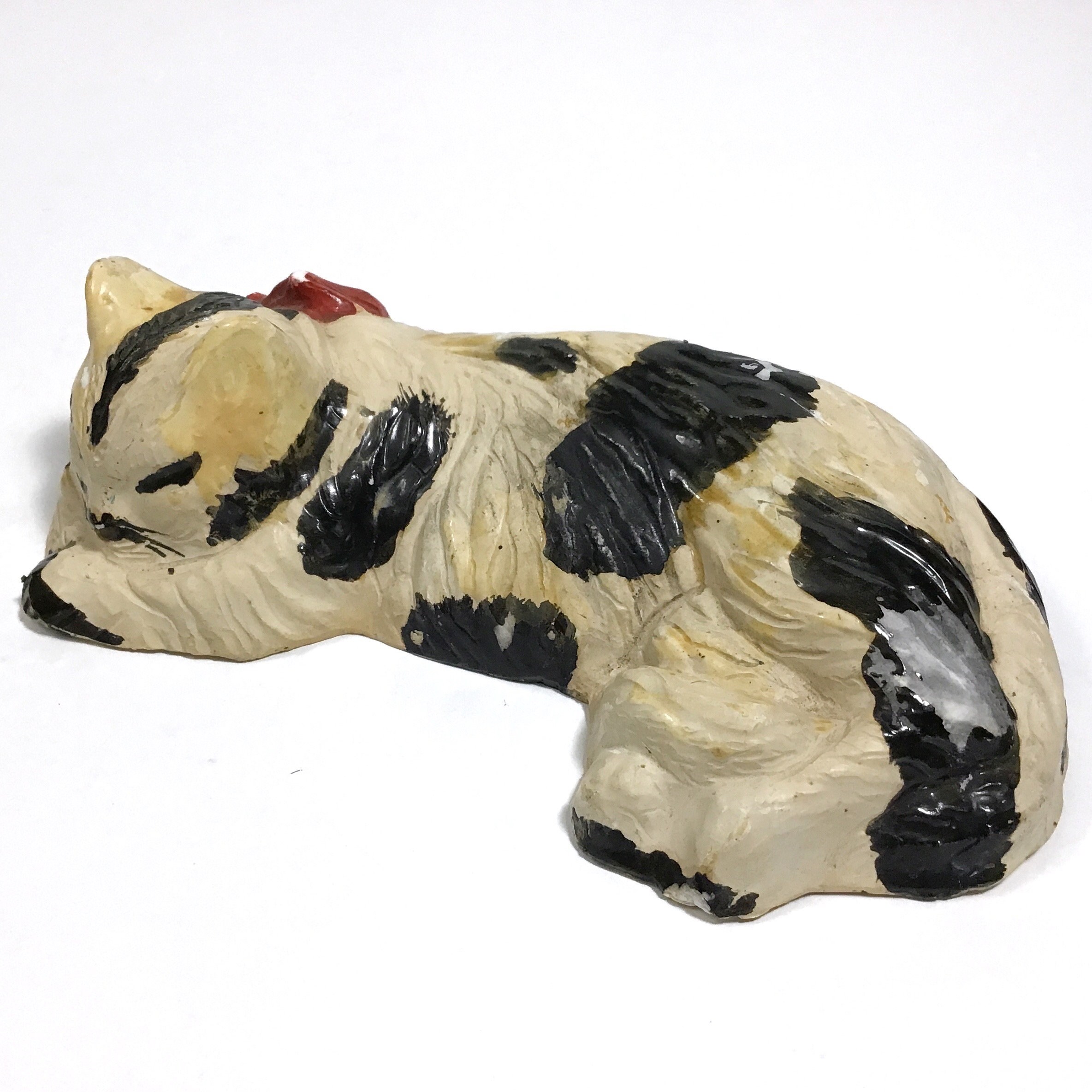 Vintage Sleeping Cat Plaster Figurine Black & White Cat With Red Bow ...