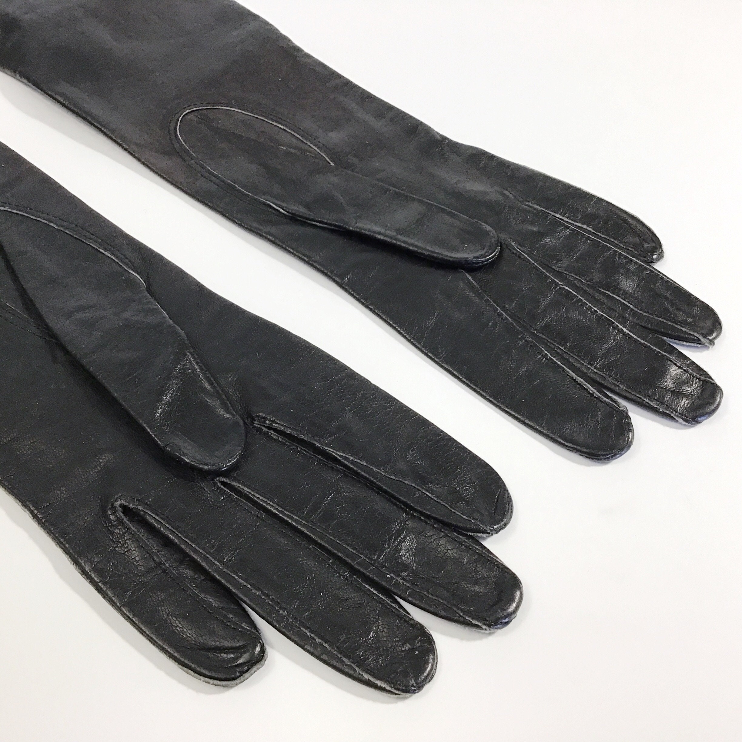 Vintage Lanolau Black Leather Opera Gloves Size 6 1/2 Small, 18 1/2 Long Black Formal Gloves ...