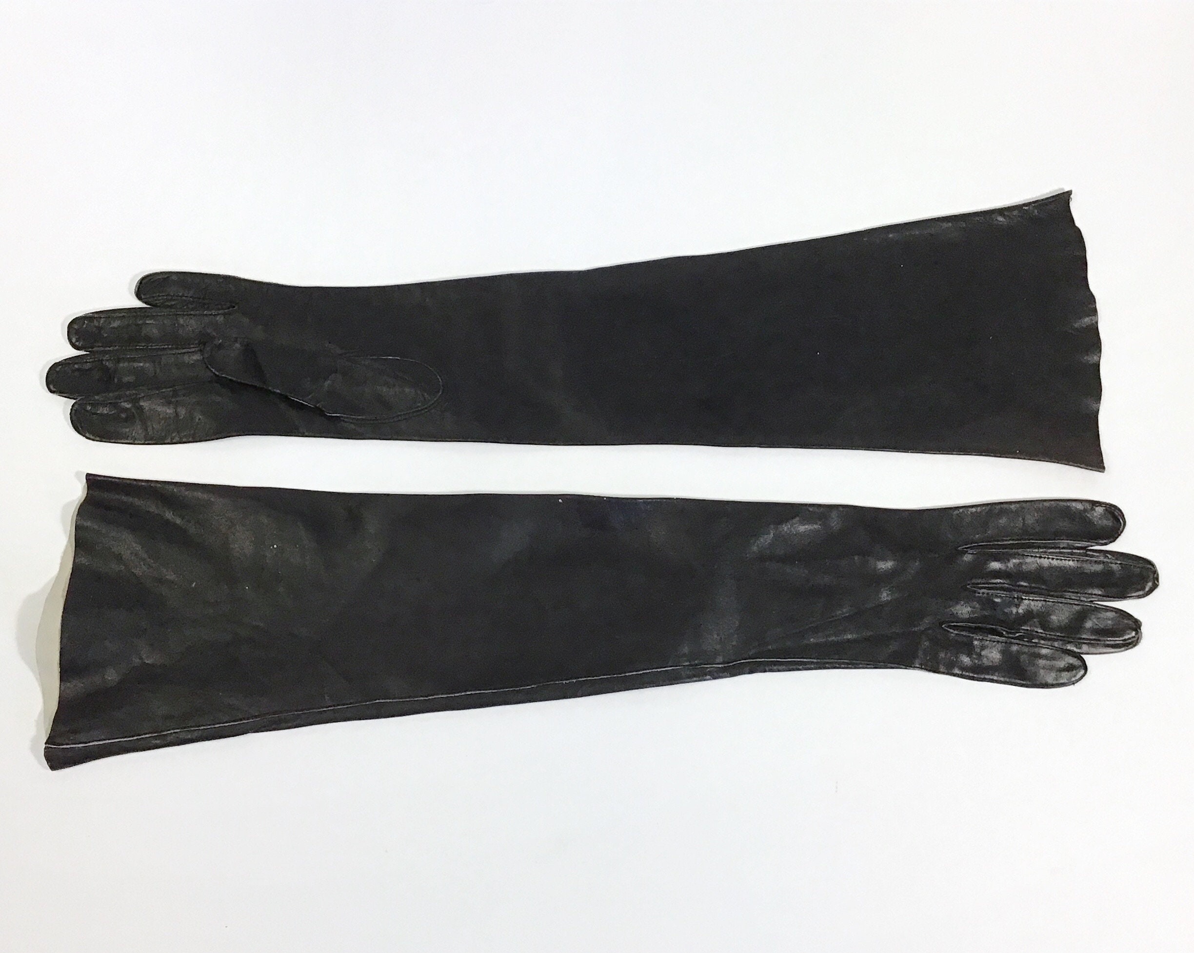Vintage Lanolau Black Leather Opera Gloves Size 6 1/2 Small, 18 1/2 Long Black Formal Gloves ...