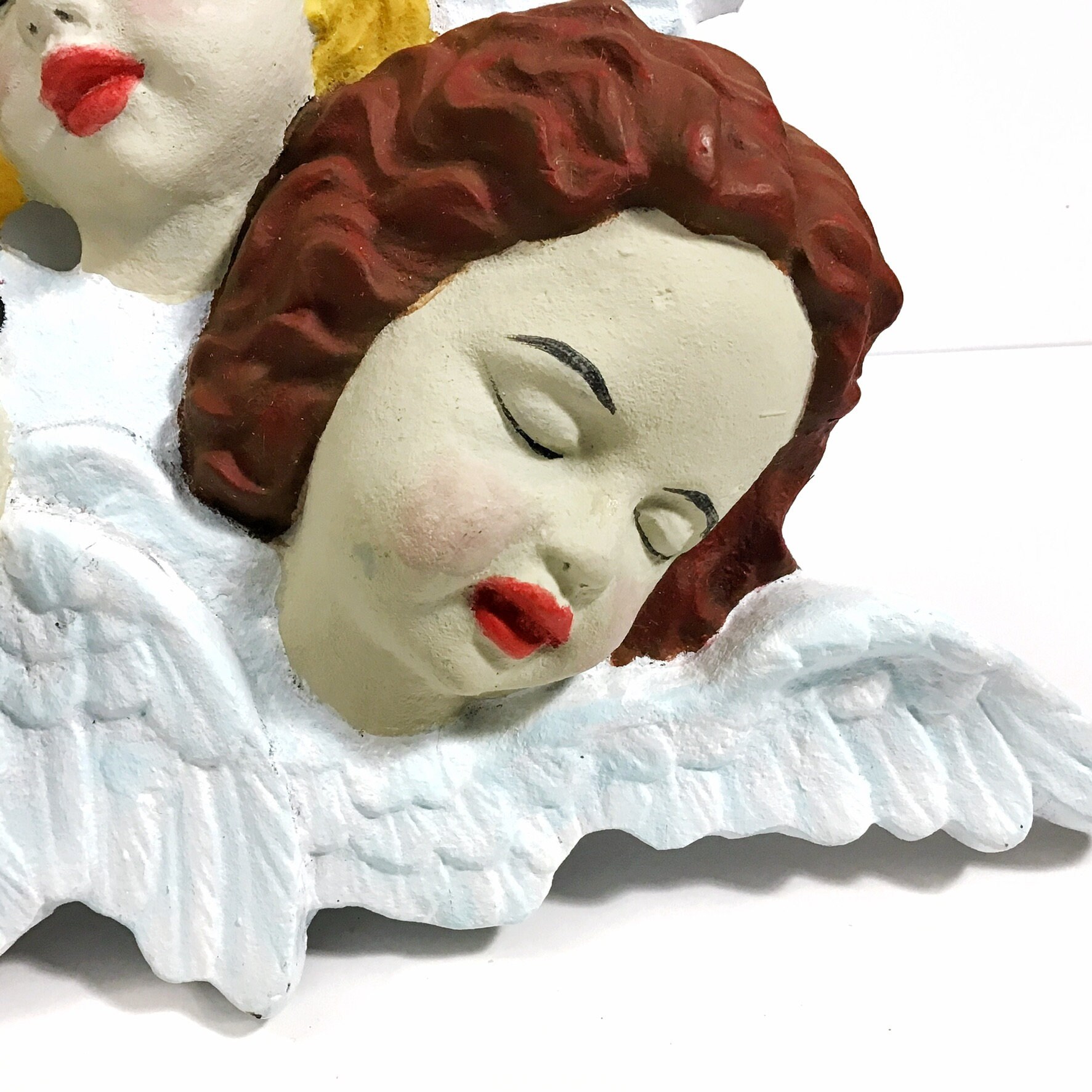 3 Sleeping Angels Hand Painted Cast Iron Wall Plaque Folk Art Winged ...