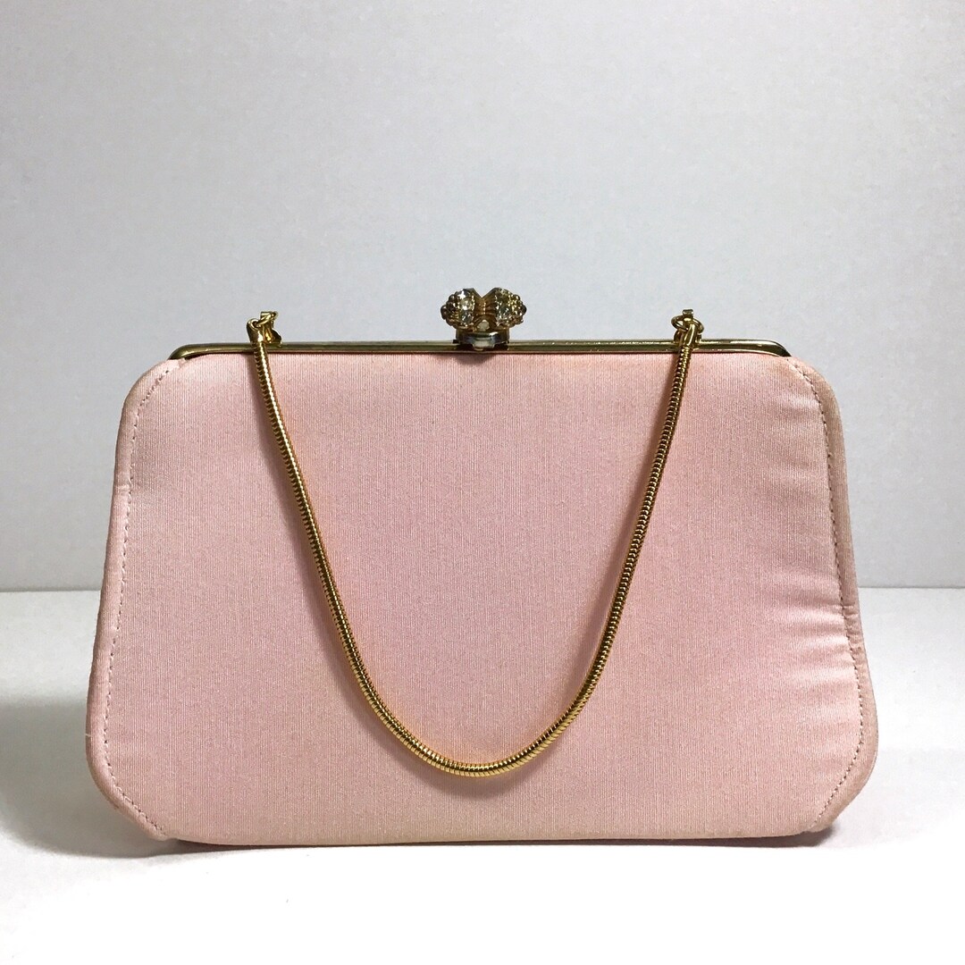 Vintage 1950s Blush Pink Purse W/ Gold Tone Rope Chain & Rhinestone ...