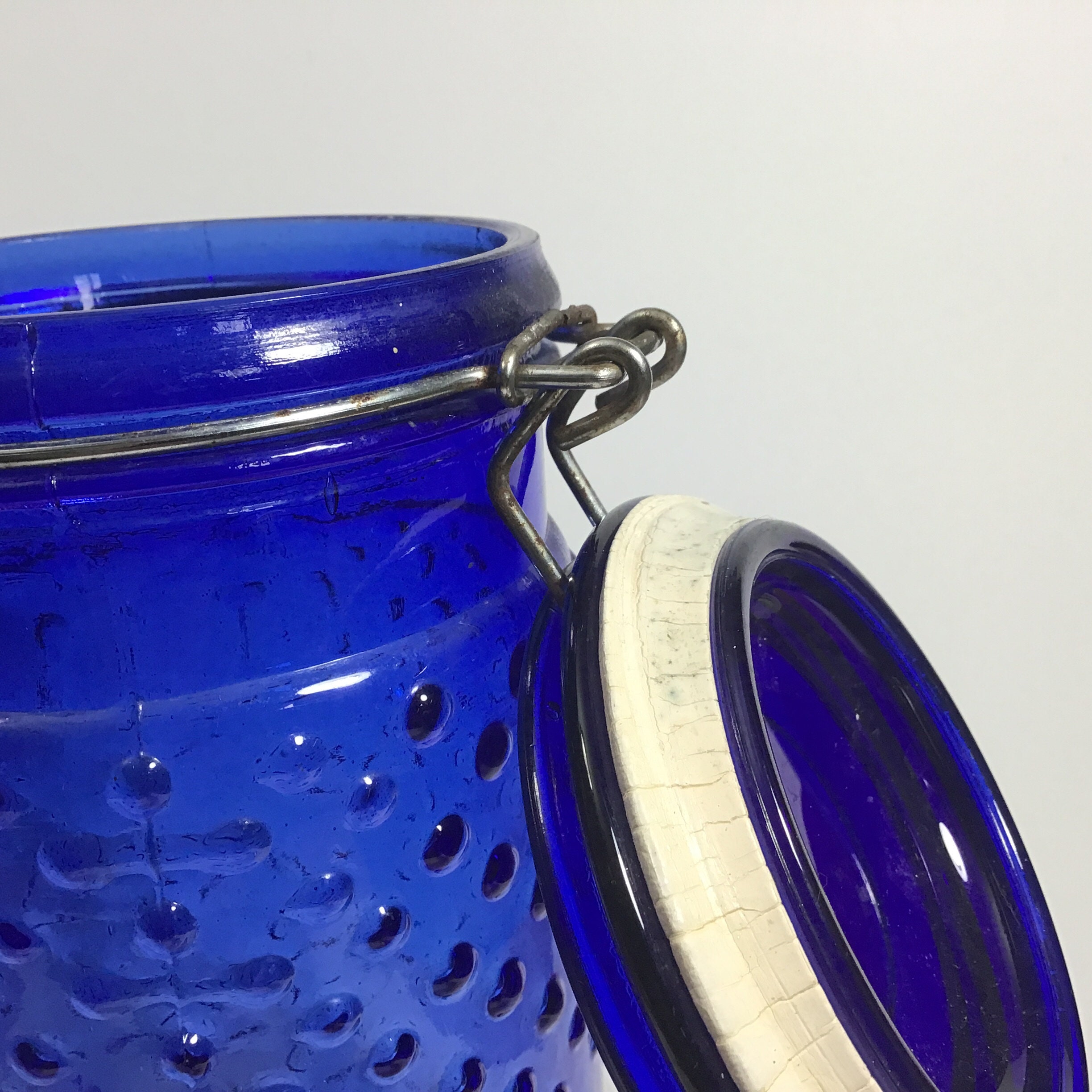 Large Vintage Cobalt Blue Hobnail Glass Canister W Bail Lid Etsy