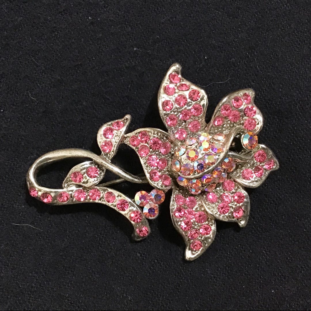 Vintage Pink Rose Brooch - Pink Crystal Rhinestone and Silver Tone ...