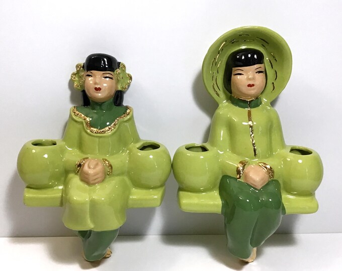Vintage Weil Pottery 4046 Asian Figure Pair - Midcentury Wall Pocket ...