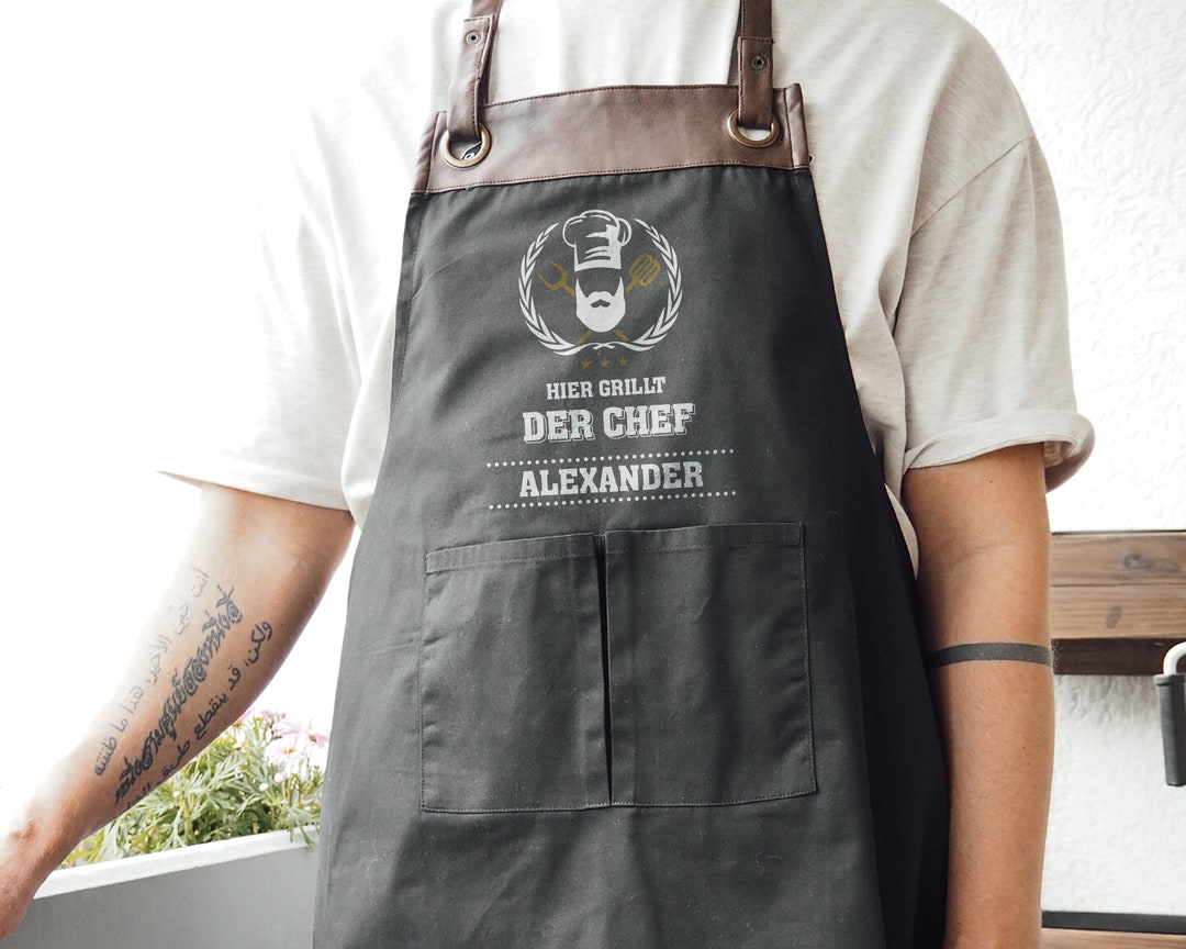 Personalized Grill Apron With Faux Leather Appliqué | the Chef Grills ...