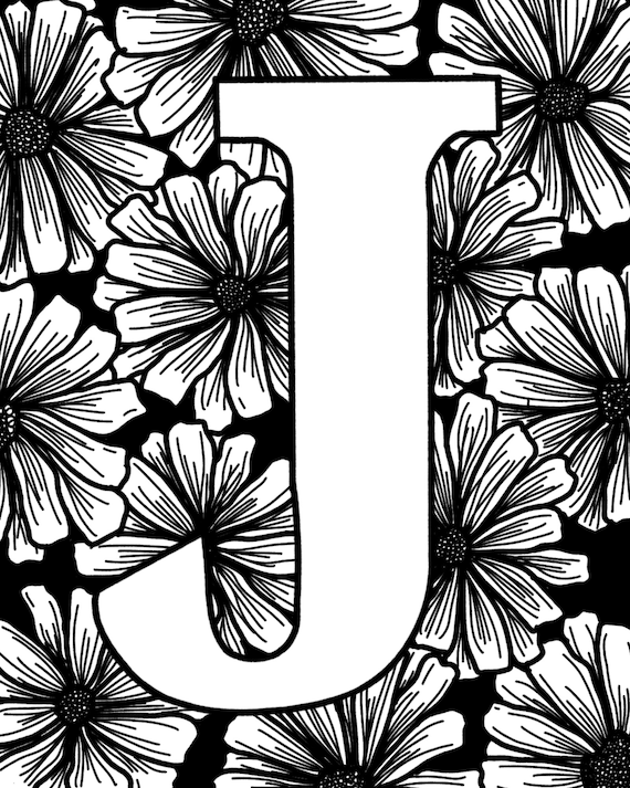 Printable Art: Monochrome Letter J with Daisy | Etsy