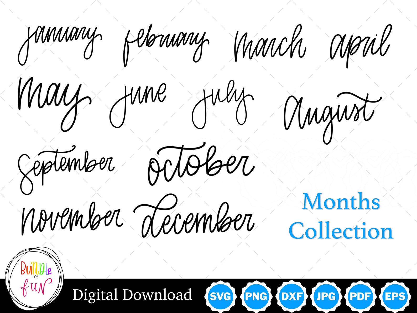 Cursive Script Months Silhouettes Clip Art | Months SVG Months PNG ...