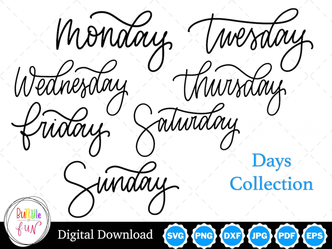 Cursive Script Days of the Week Silhouettes Clip Art | Days SVG Days ...
