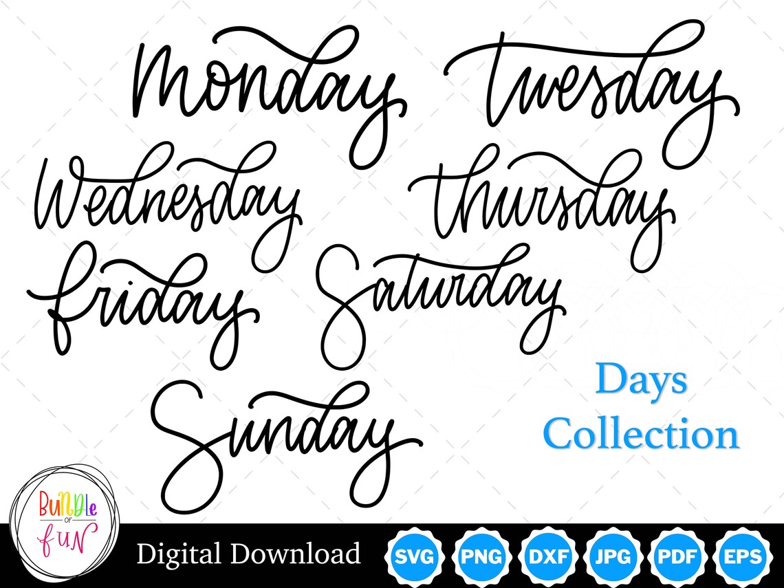 Cursive Script Days of the Week Silhouettes Clip Art | Days SVG Days ...