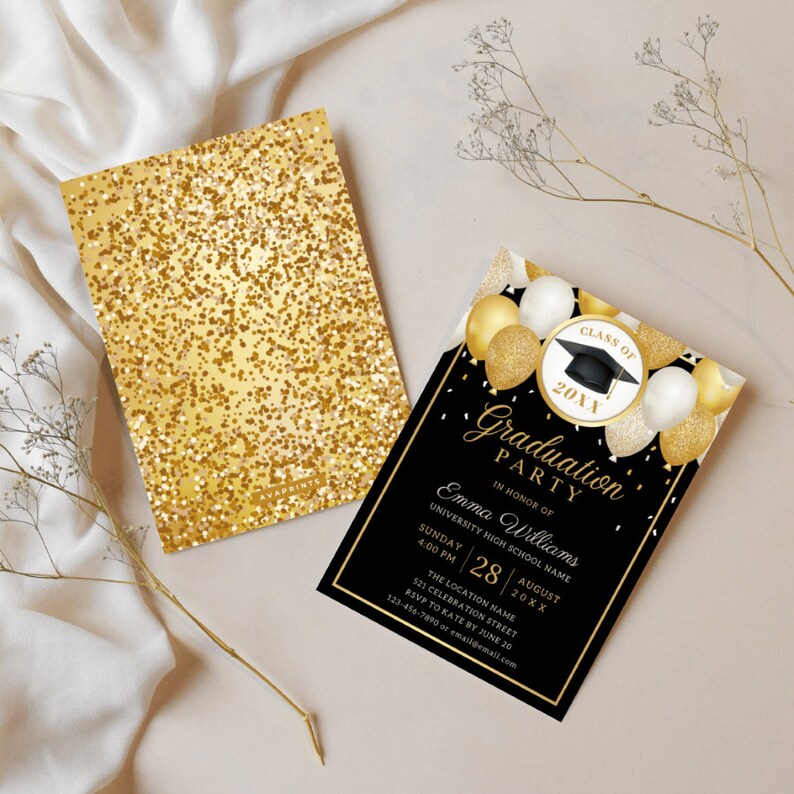 EDITABLE Class of 2024 Elegant Black Gold Graduation Invitation ...