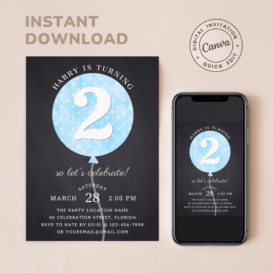 EDITABLE Balloon Boy Birthday Invitation Template, Boy 2nd Birthday ...