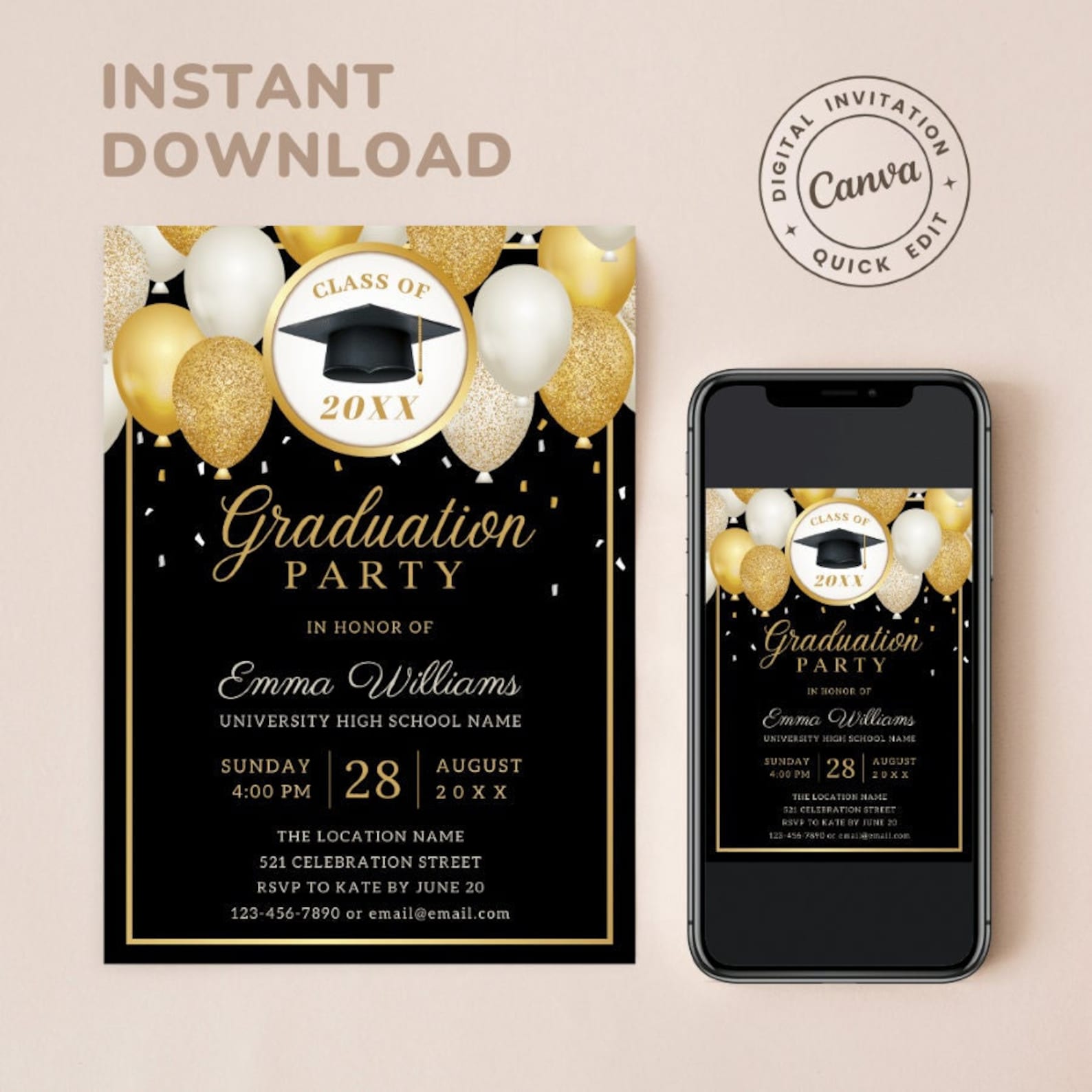 EDITABLE Class of 2024 - Elegant Black Gold Graduation Invitation ...