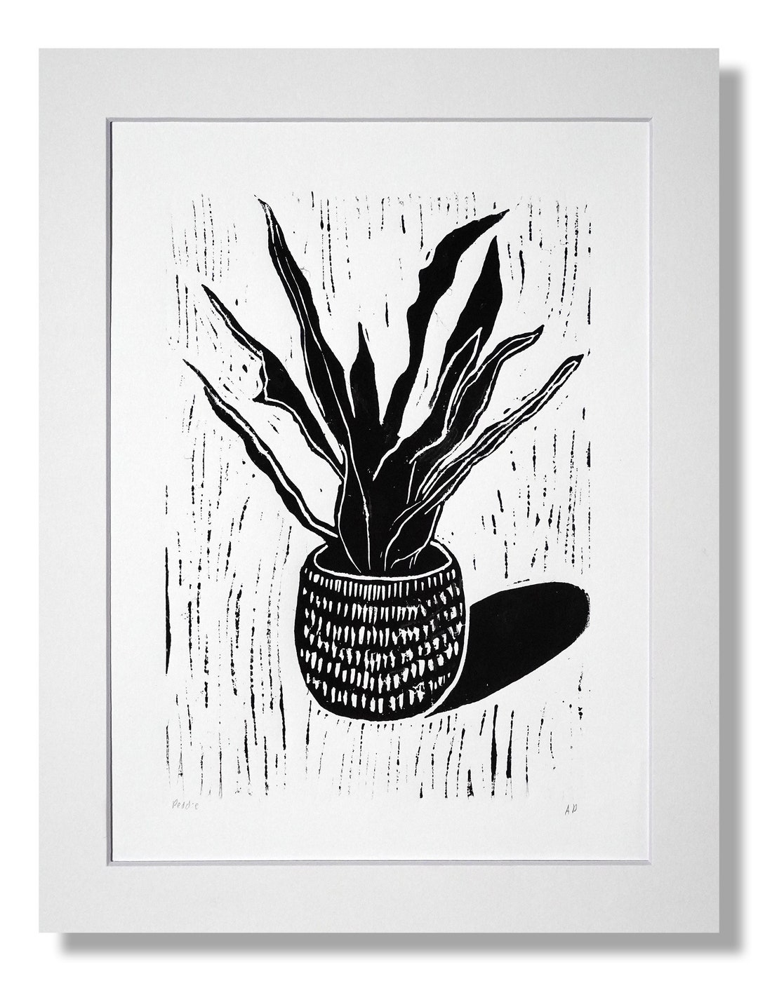 Hand Printed Plant in Pot Matted Lino Print - Etsy