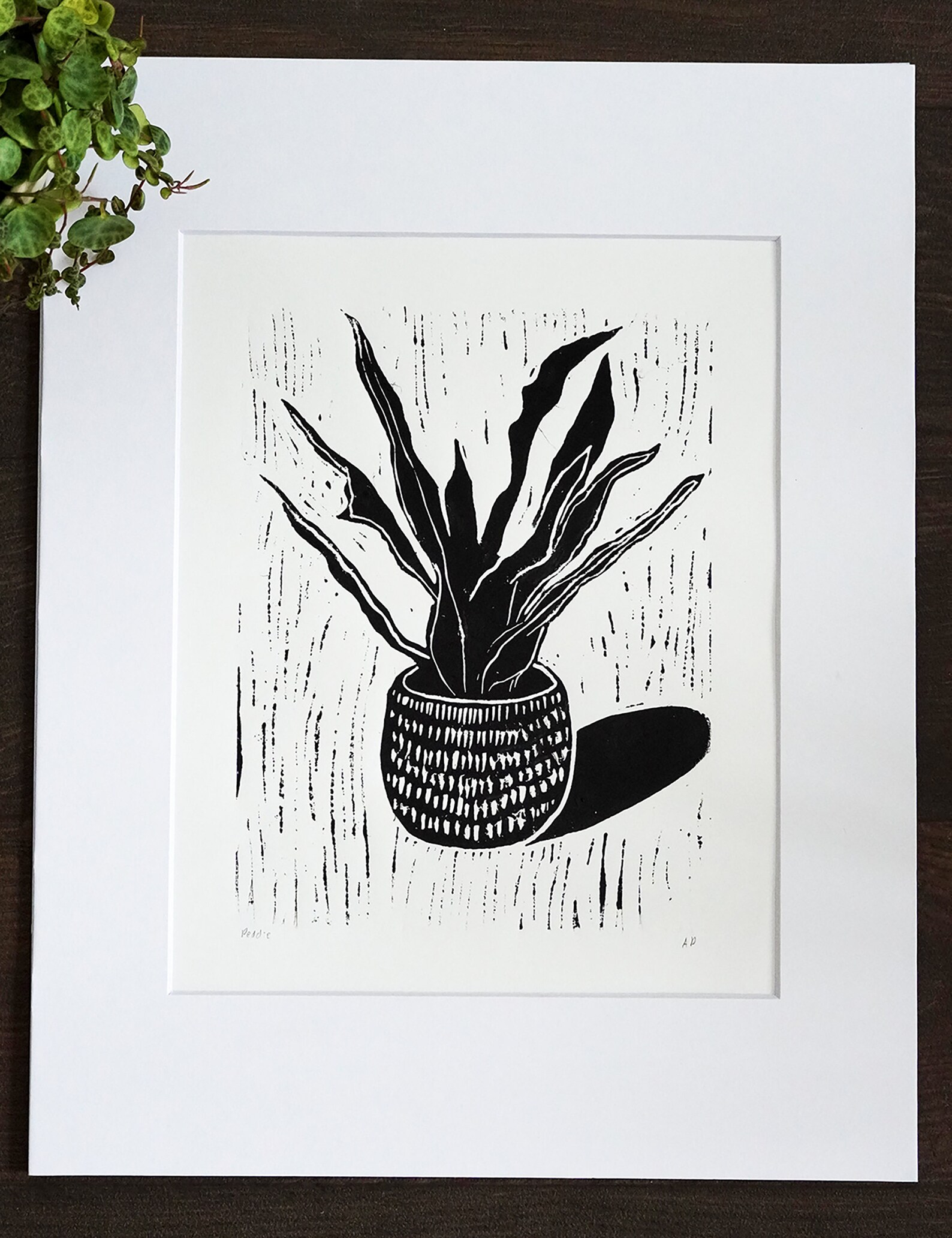 Hand Printed Plant in Pot Matted Lino Print - Etsy