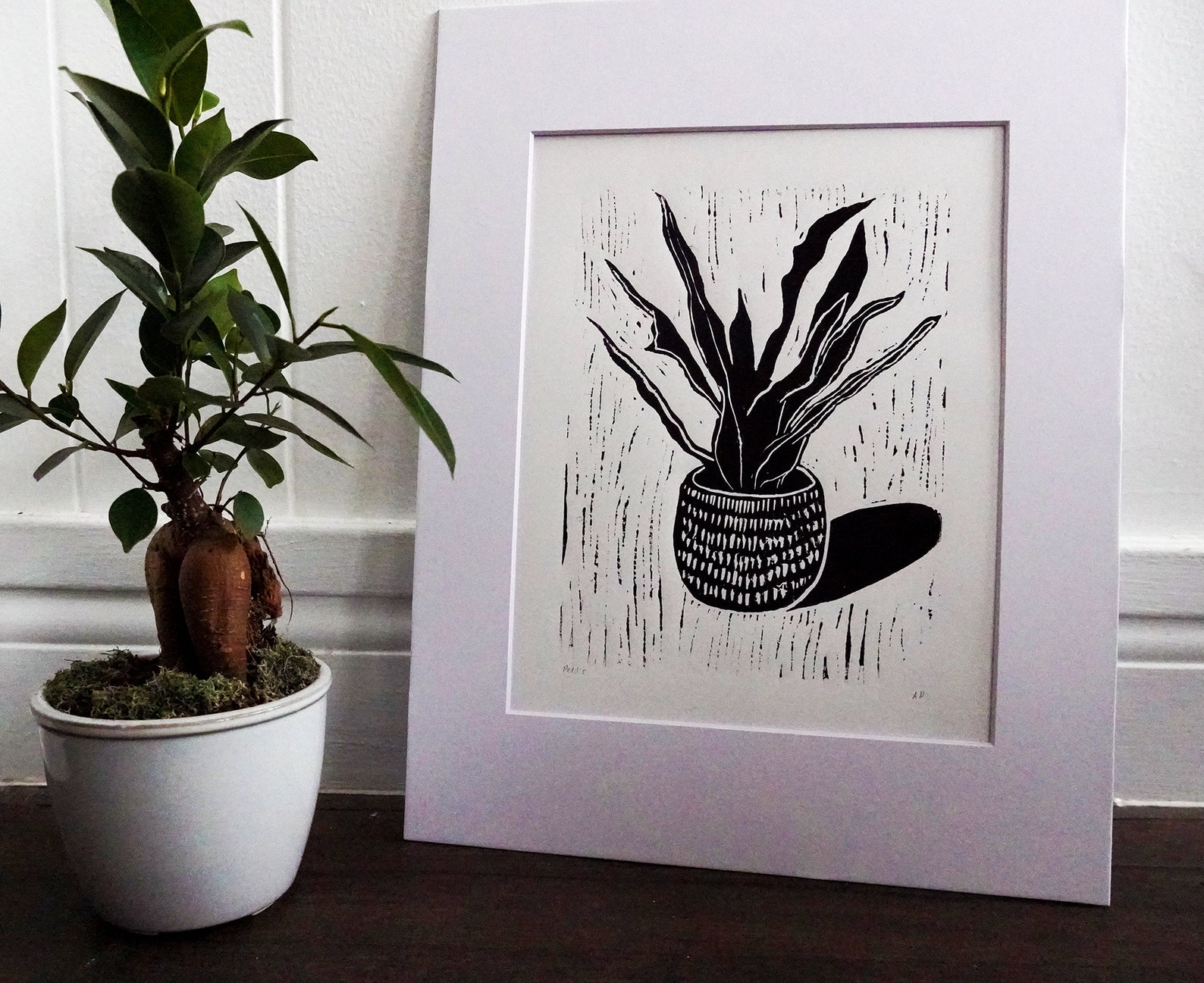 Hand Printed Plant in Pot Matted Lino Print - Etsy