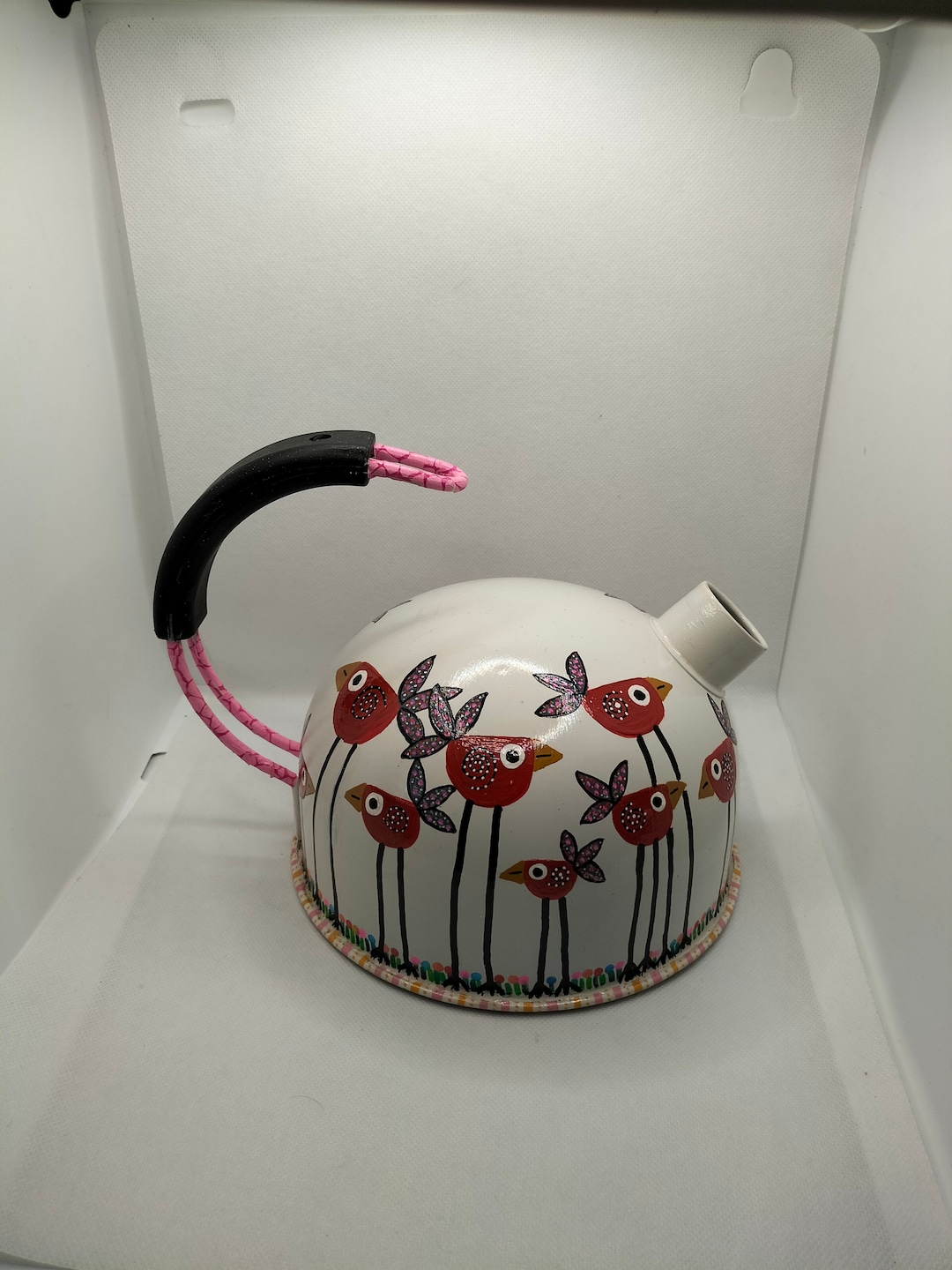 Round Hand-decorated Tin Kettle With Stylized Birds - Etsy