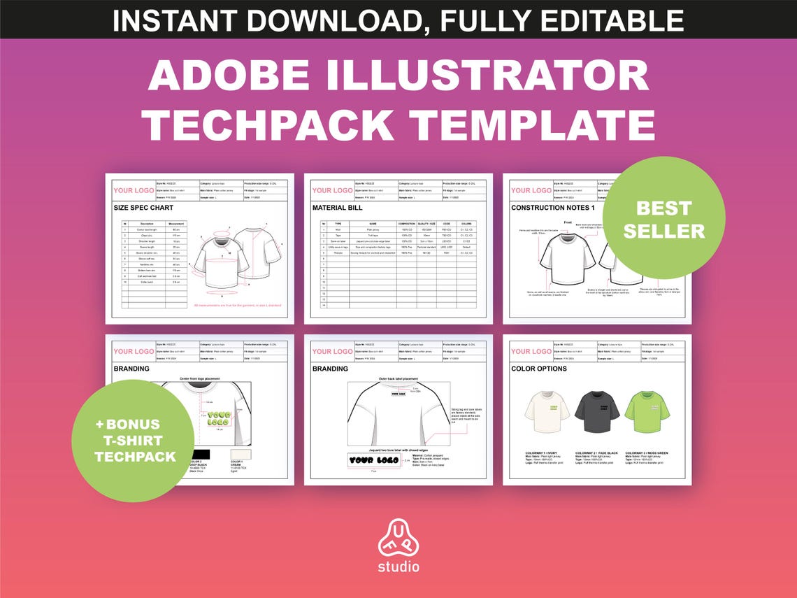 T-shirt Tech Pack Template, Fully Editable in Adobe Illustrator ...