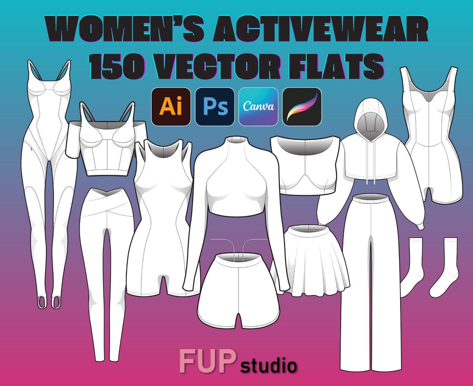 Women's Activewear Vector Mockups Clothing Template Procreate & Adobe ...