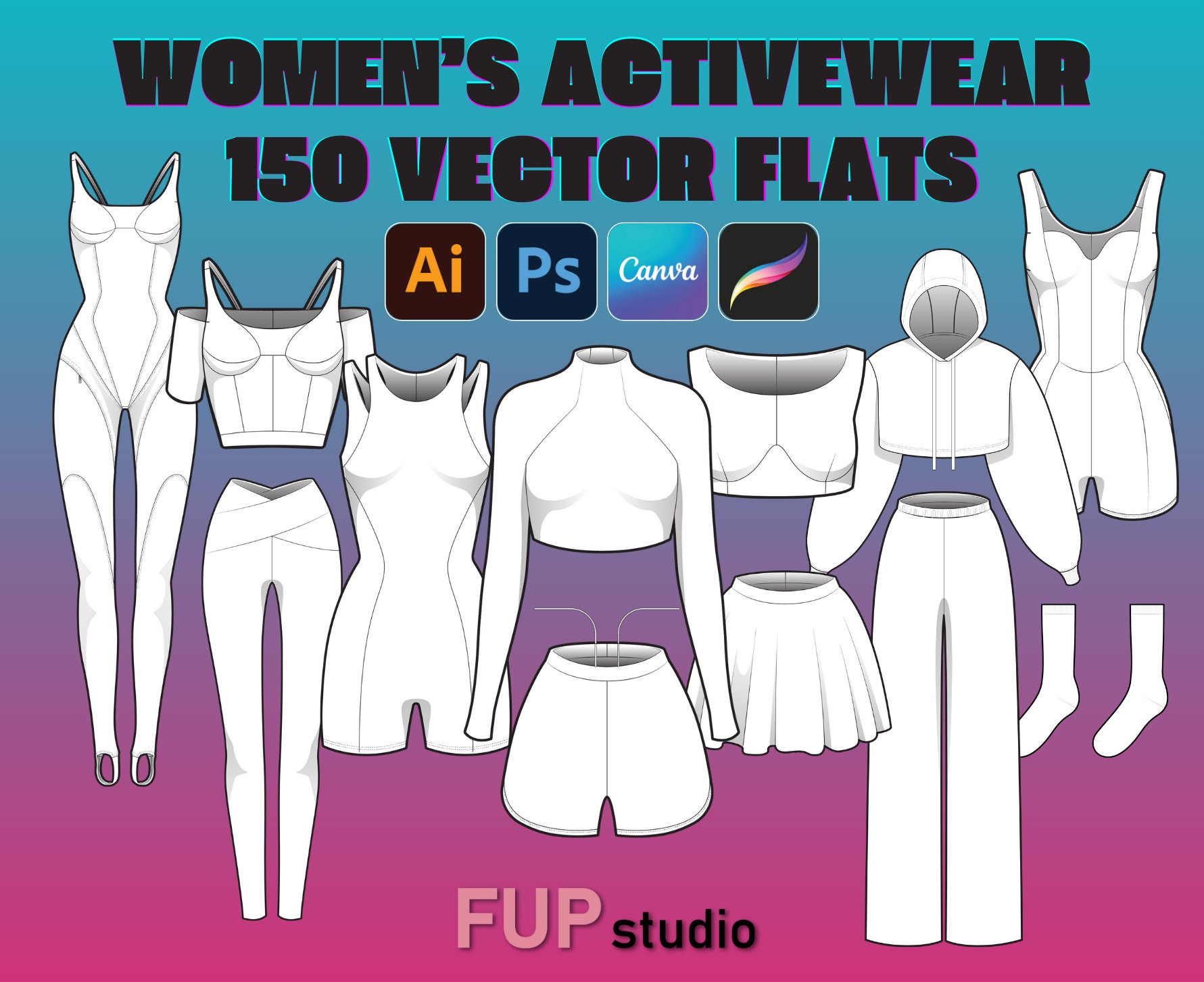 Women's Activewear Vector Mockups Clothing Template Procreate & Adobe ...