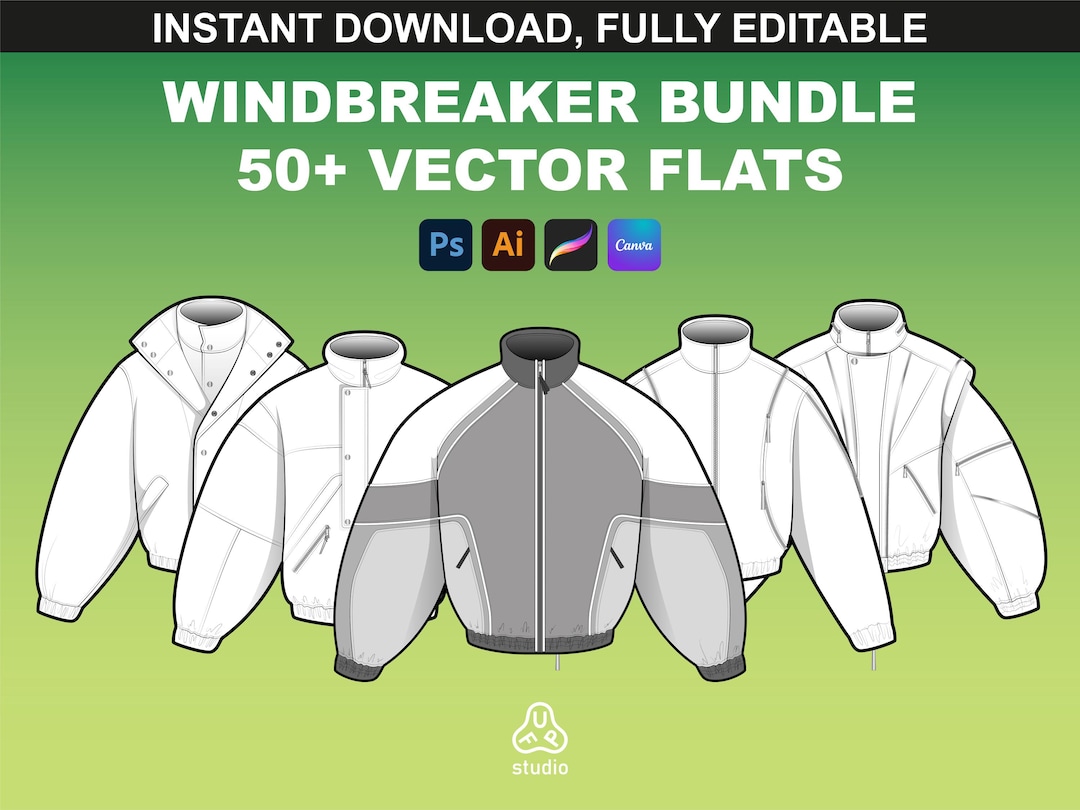 Windbreaker Mockups & Fashion Jacket Vector Bundle - Tech Pack ...
