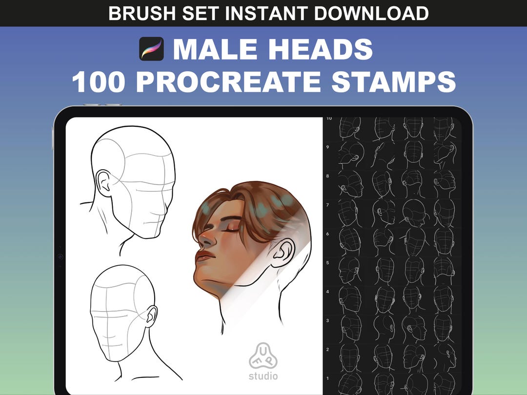 100 Procreate Head Stamps | Male Base Heads & Face Shapes for Digital ...