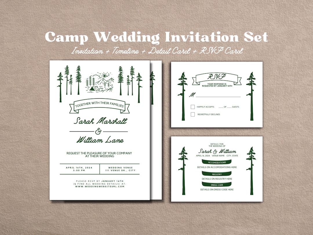 Camp Wedding Invitation Template Set, Printable Wedding Timeline ...