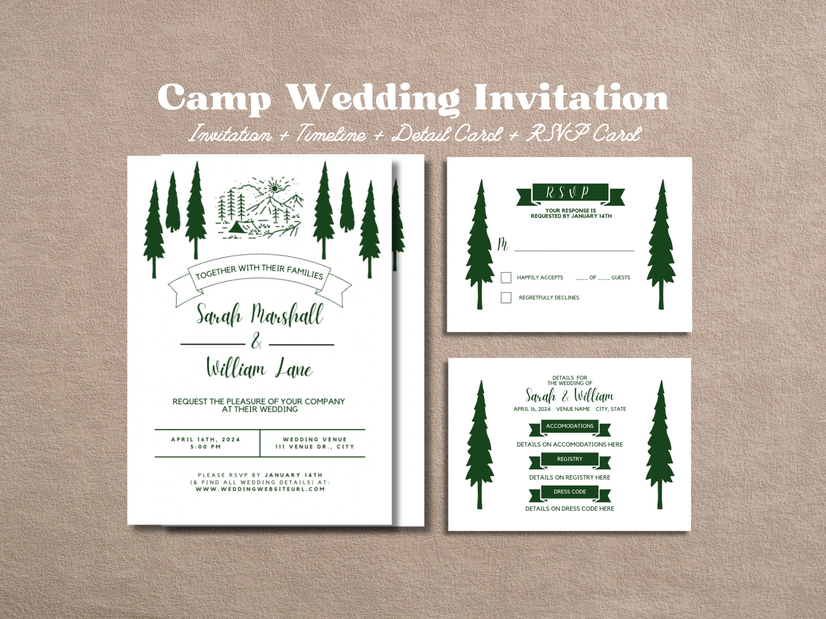 Camp Wedding Invitation Template Set, Printable Wedding Timeline ...