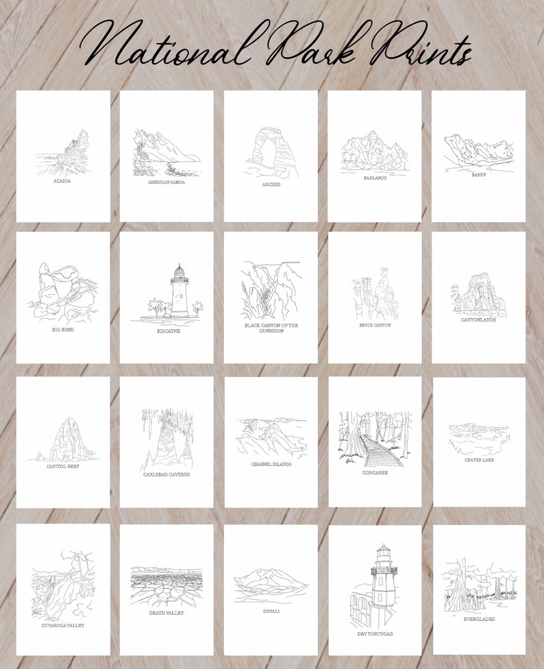 National Park Line Art Print Set, Minimalist Travel Drawing - Etsy