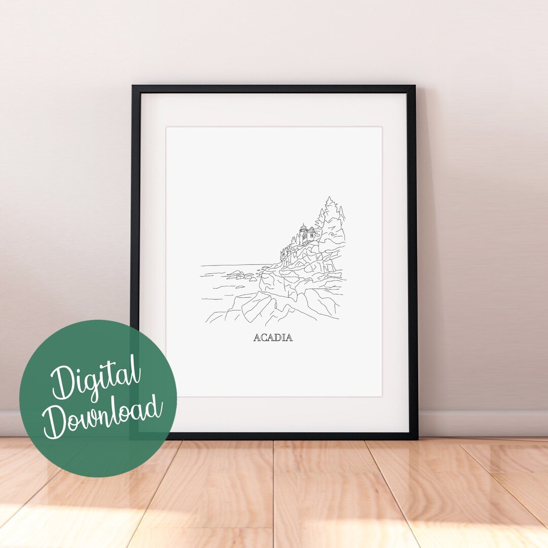 Acadia National Park Line Art Print, Minimalist Black and White Acadia ...