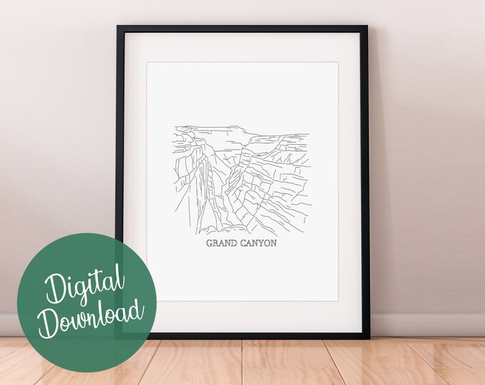Grand Canyon National Park Line Art Print, Minimalist Black and White ...