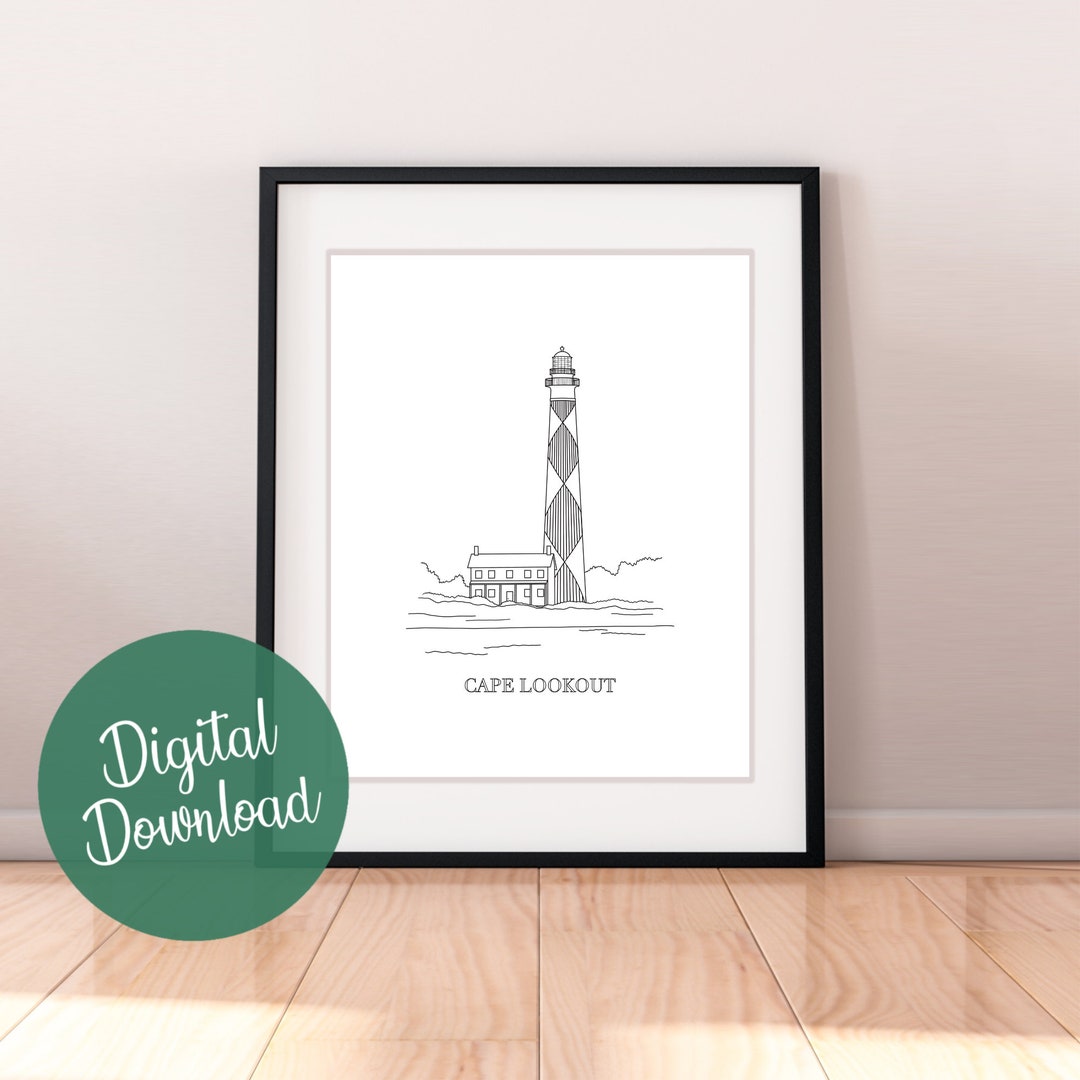 Cape Lookout Line Art Print, Minimalist Black and White Drawing ...