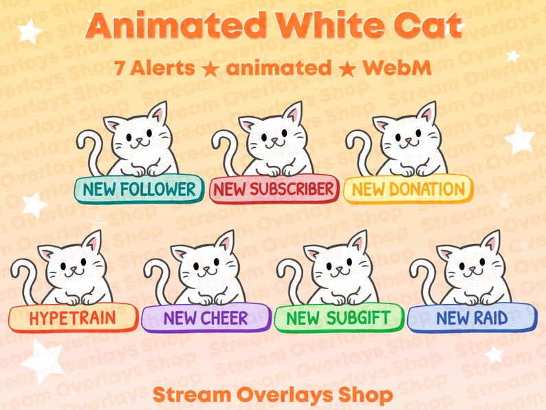Twitch Alerts Animated Cute Cat White 7 Animation Bundle for Your ...