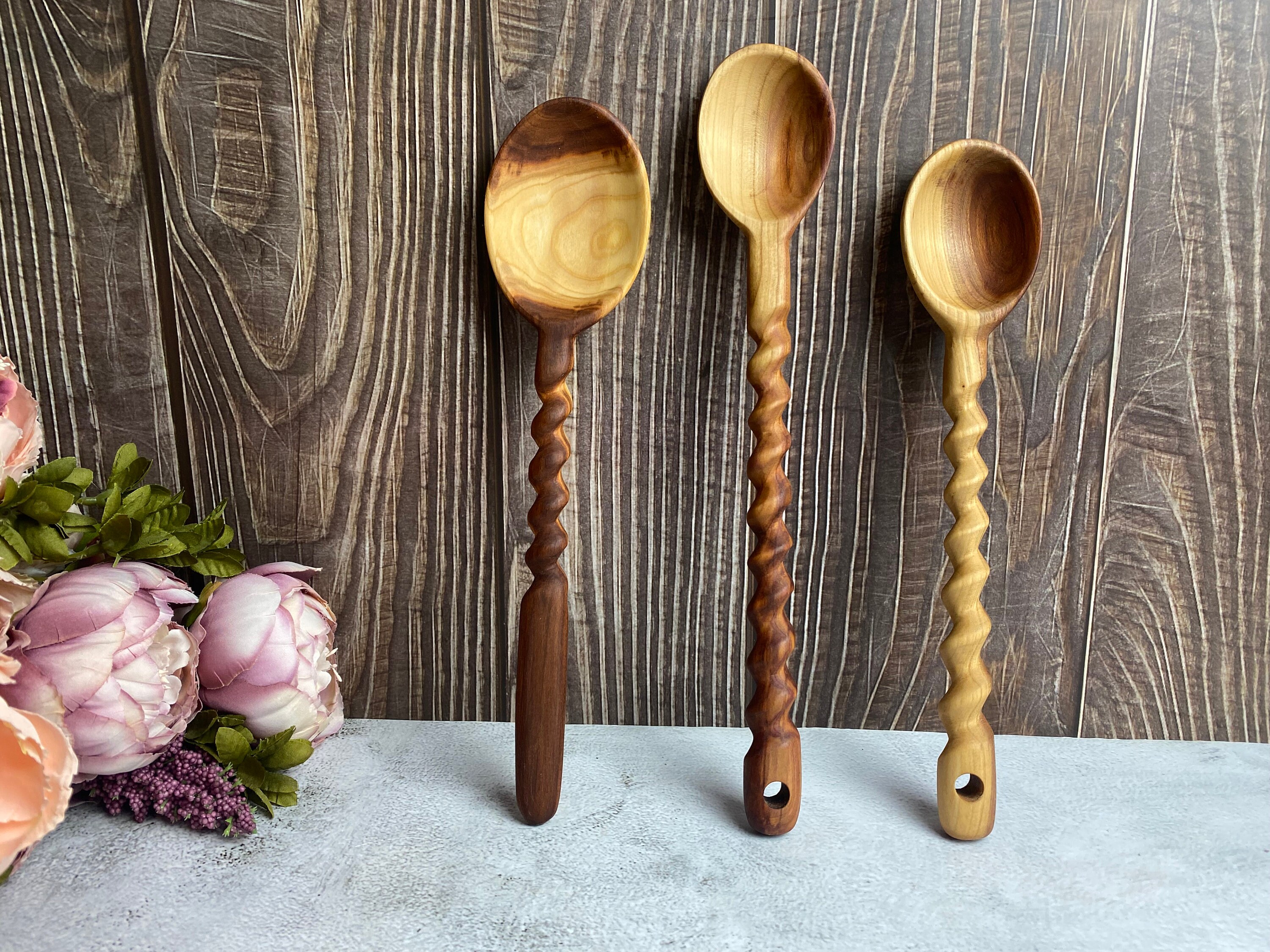 Handmade Wooden Spoon Plum Tree Spiral Handle Artistic Spoon - Etsy