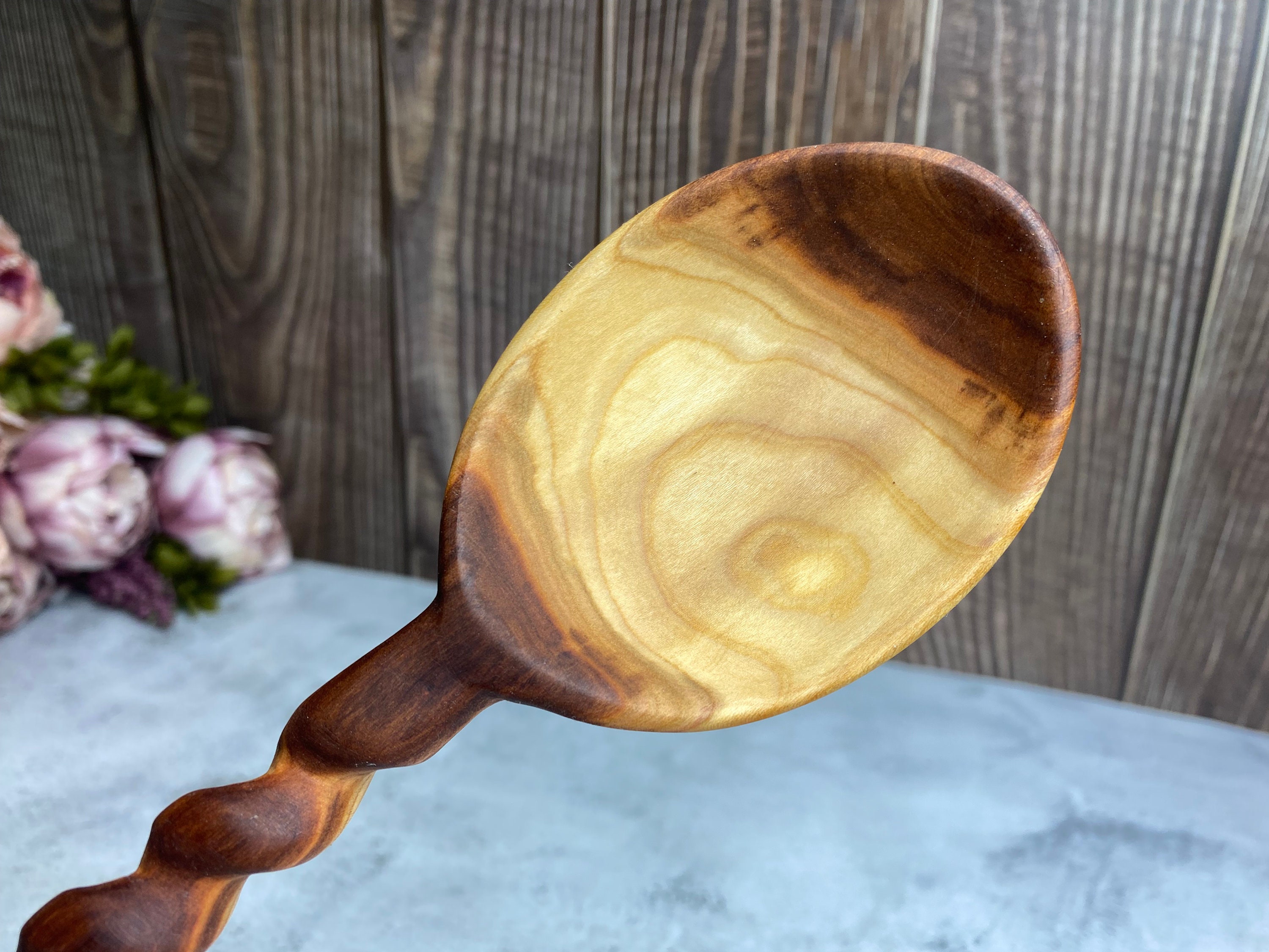 Handmade Wooden Spoon Plum Tree Spiral Handle Artistic - Etsy