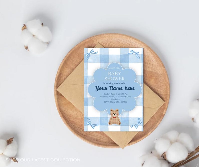 Baby Shower Invitation Template, Dusty Blue Watercolor Bow Invite ...