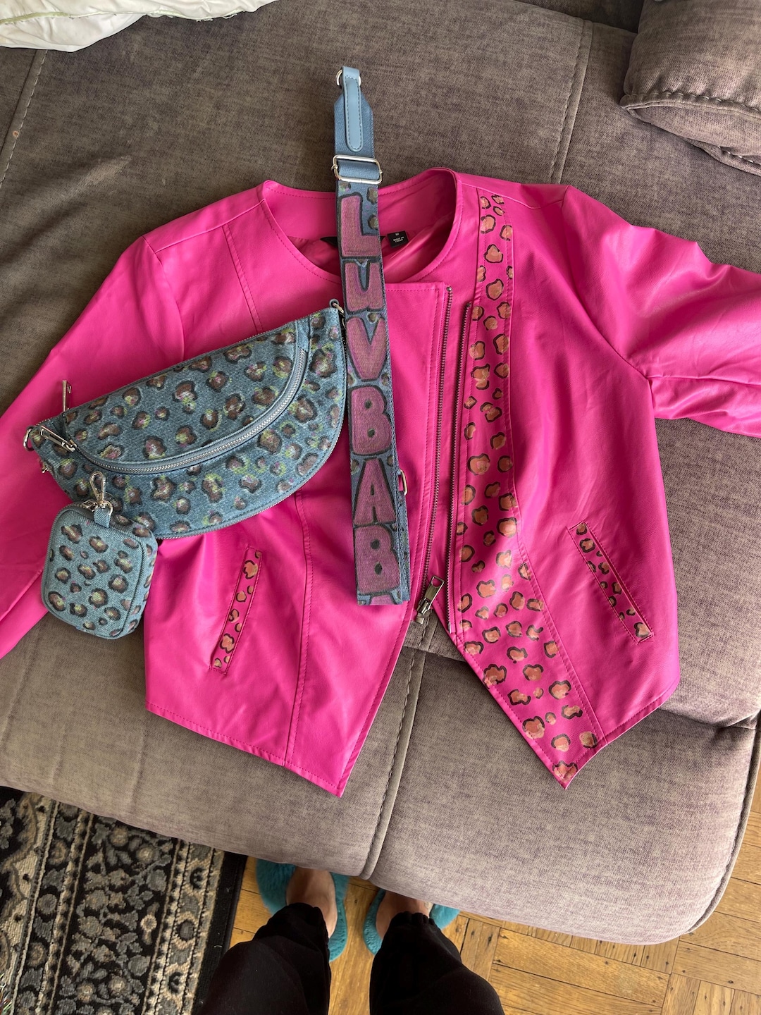 Bubblegum Pink Vinyl Jacket Freehand Painted With Denim Crossbody Bag ...