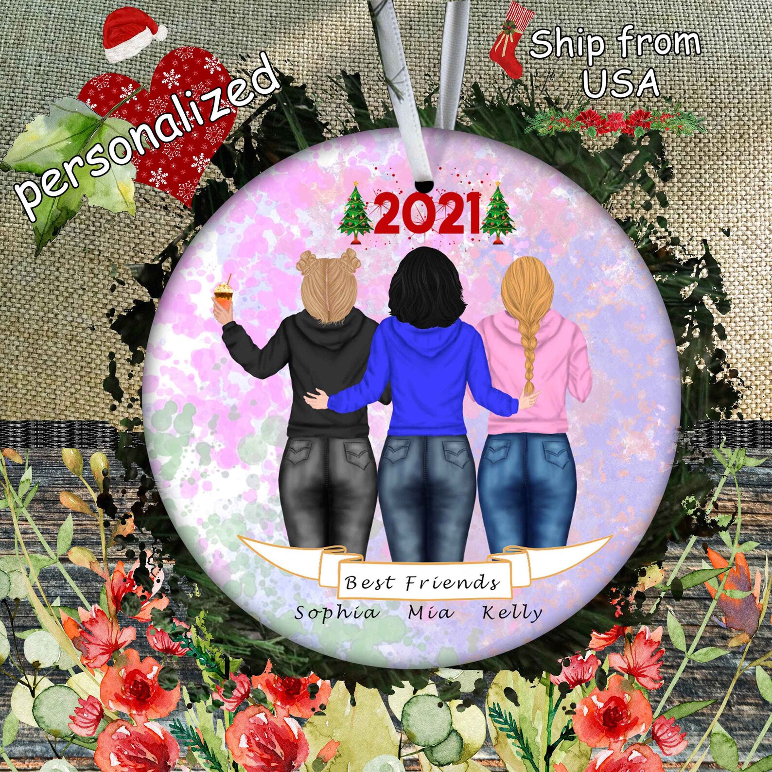 Best 3 Friends Ornament, Best Friend Ornament,personalized Gifts,custom ...