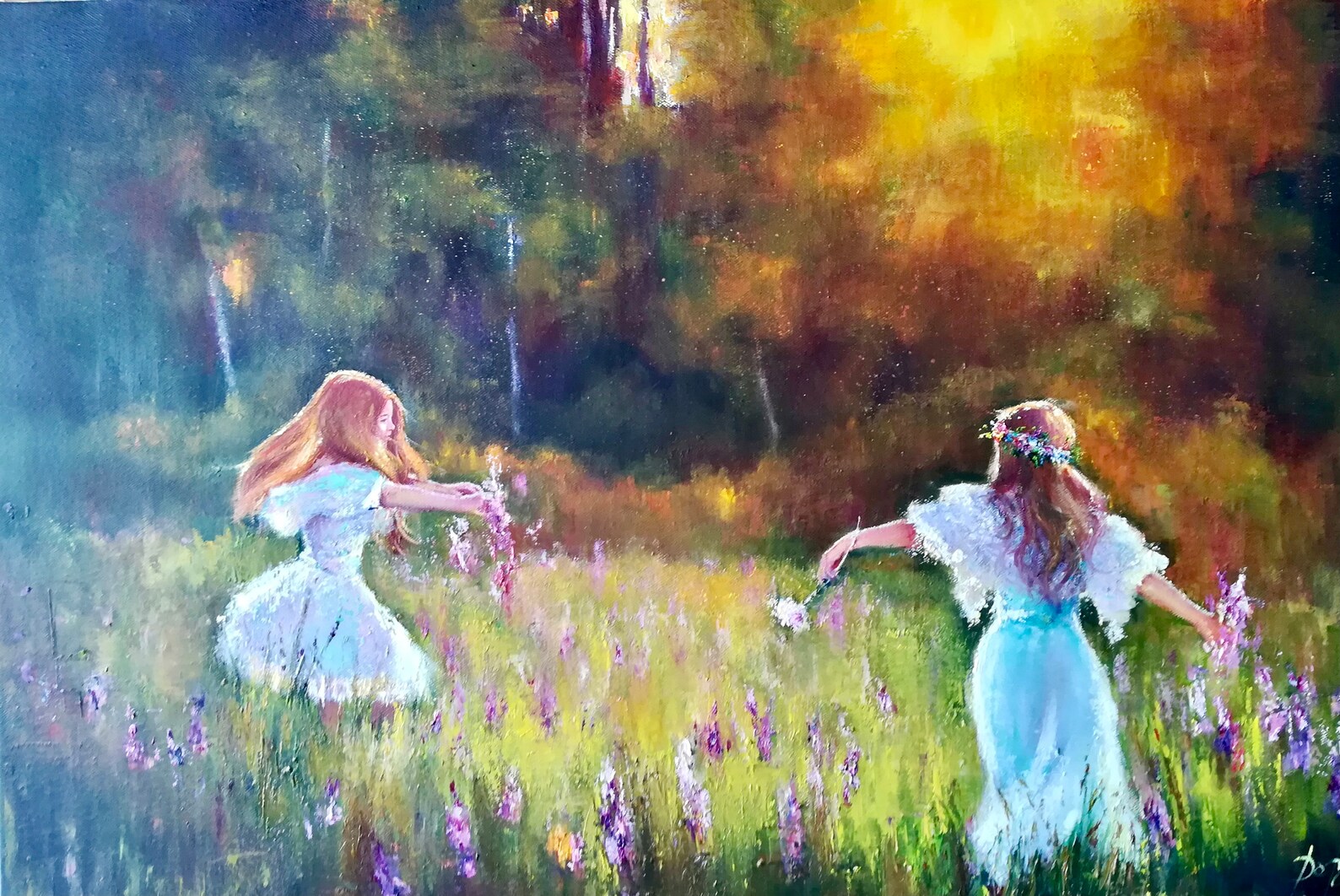 Two sisters painting family art two daughters Original | Etsy