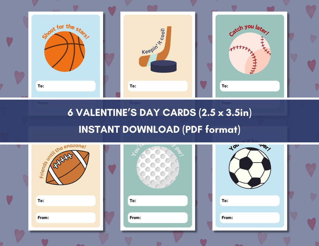 Sports Valentines Day Cards, 6 Designs, Baseball Basketball Hockey ...