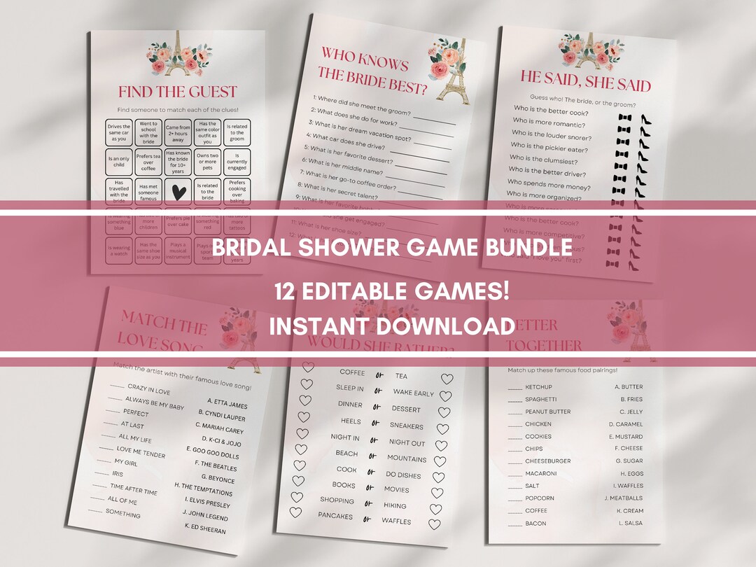 Chic Paris Theme Bridal Shower Games Bundle, Elegant Parisian Pink and ...