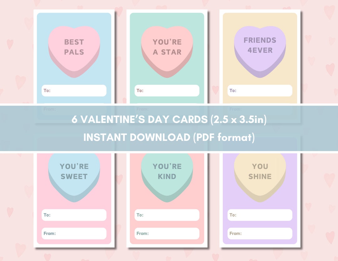 Conversation Hearts Valentine's Day Cards, 6 Unique Designs in Pastel ...