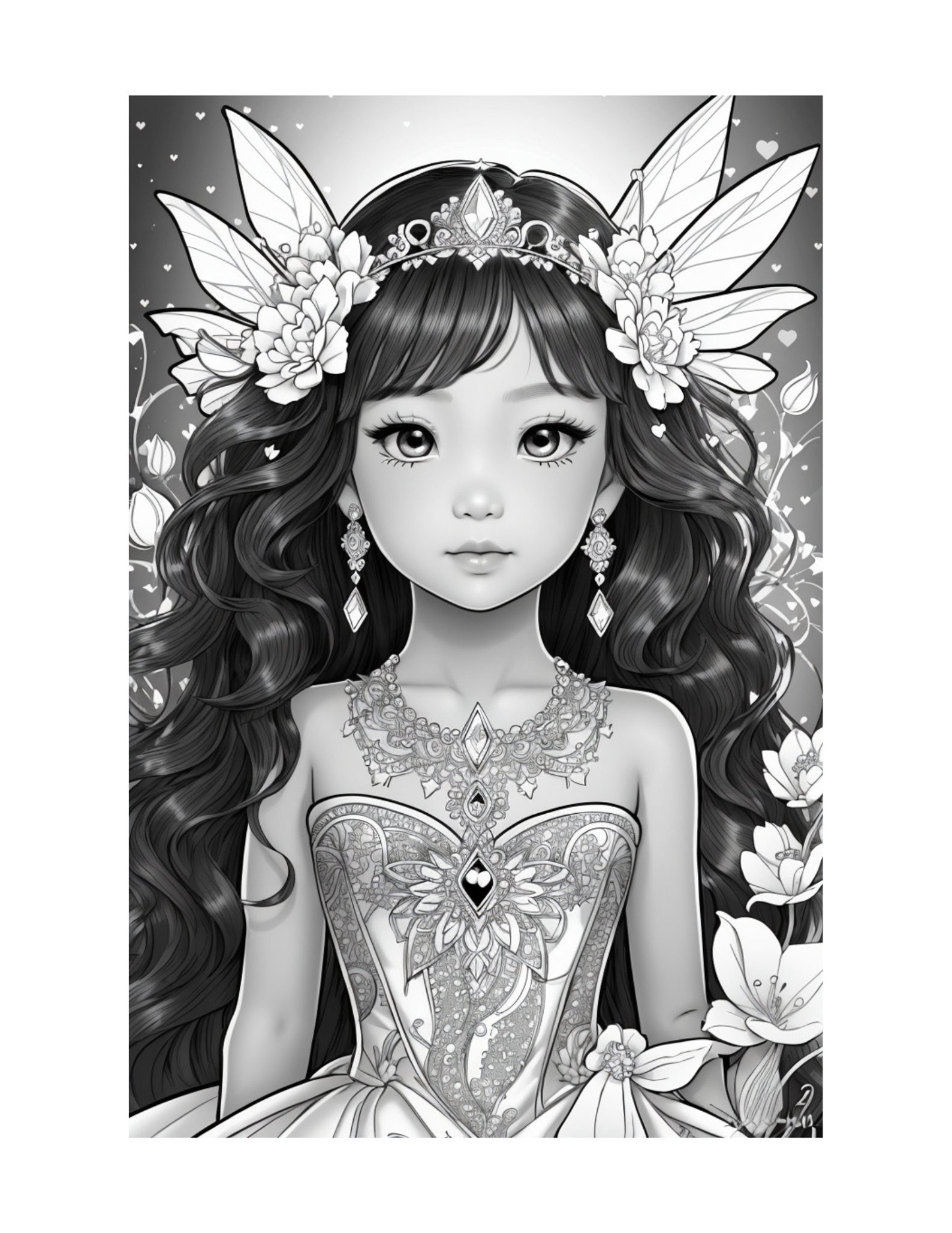 Fairy Dress and Jewels Coloring Page for Adults Cute Grayscale Cute ...