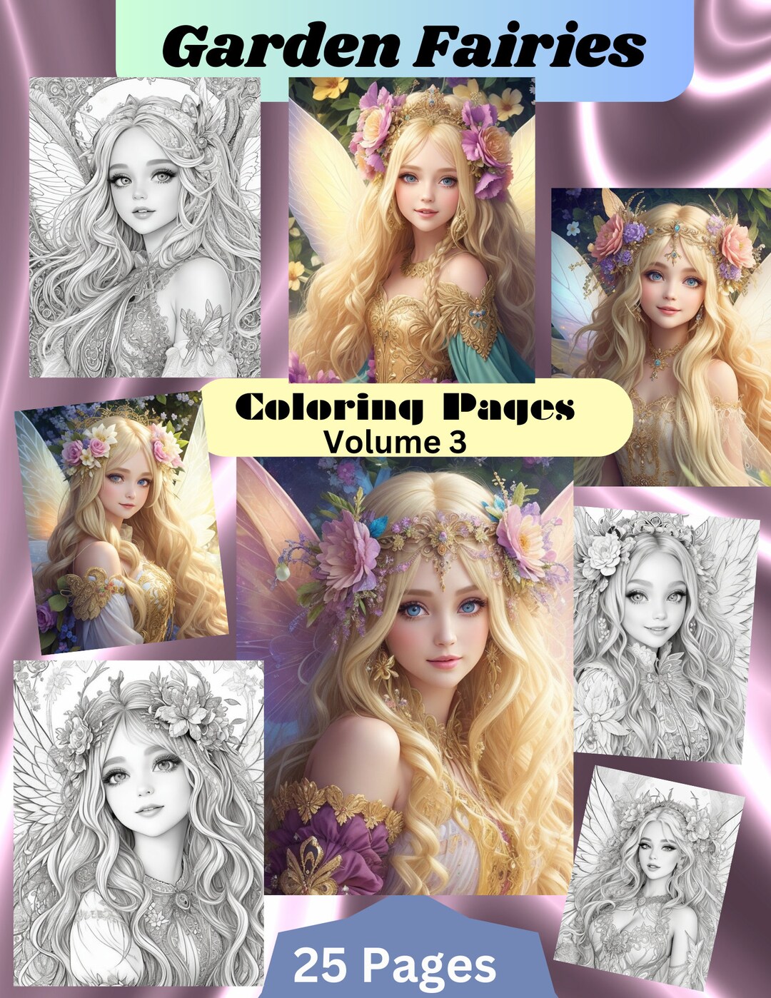 Garden Fairy & Fairy Princess Coloring Page for Adults Cute Grayscale ...