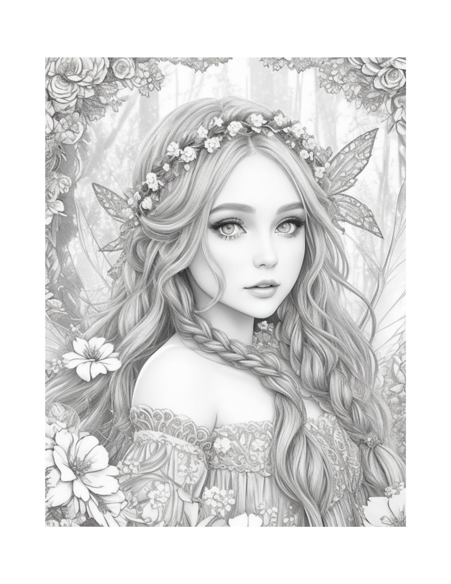Garden Fairy & Fairy Princess Coloring Page for Adults Cute Grayscale ...
