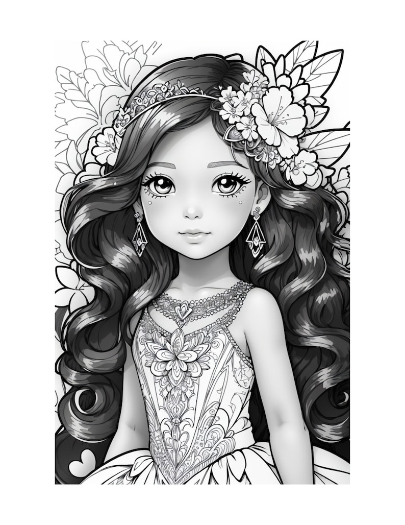 Fairy Dress and Jewels Coloring Page for Adults Cute Grayscale Cute ...