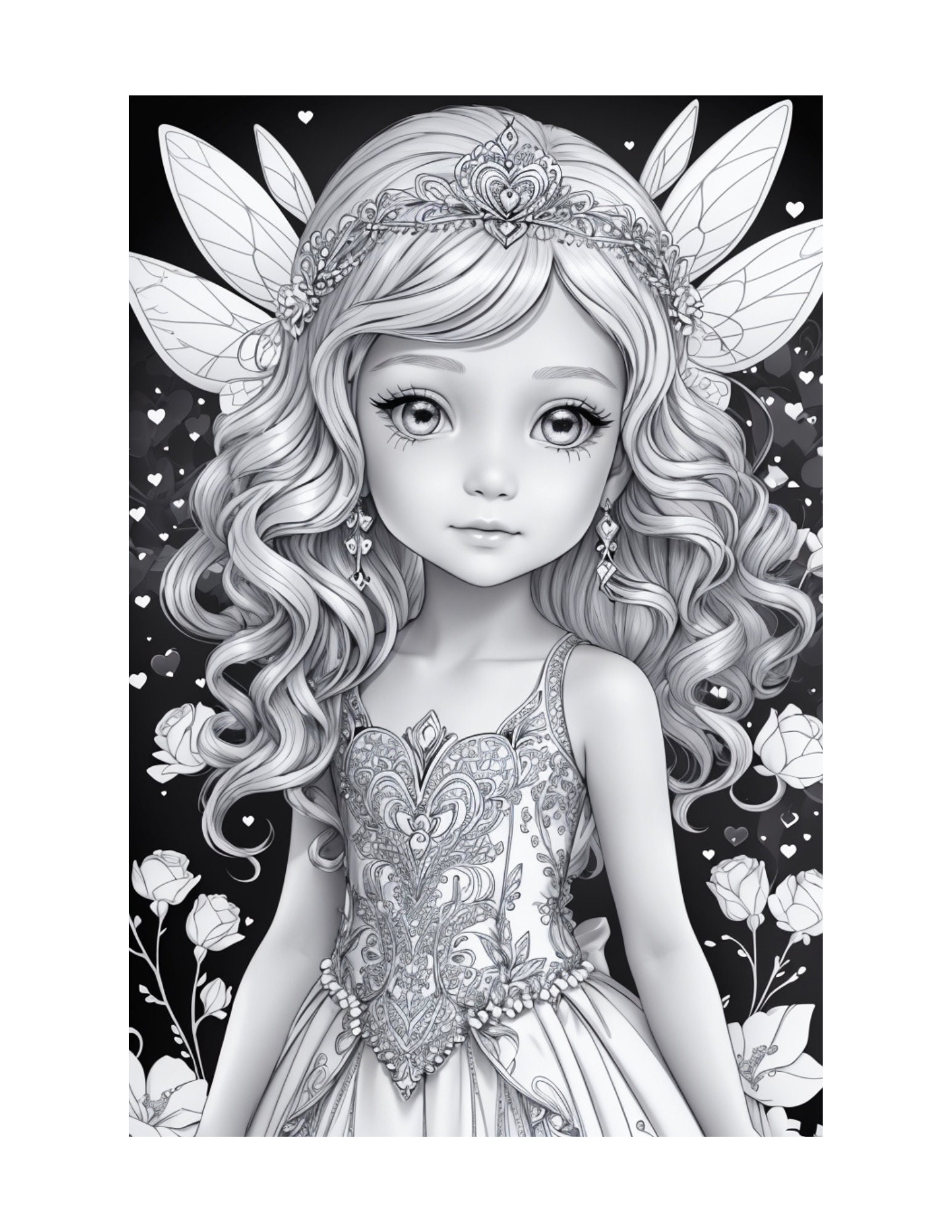 Fairy Dress and Jewels Coloring Page for Adults Cute Grayscale Cute ...