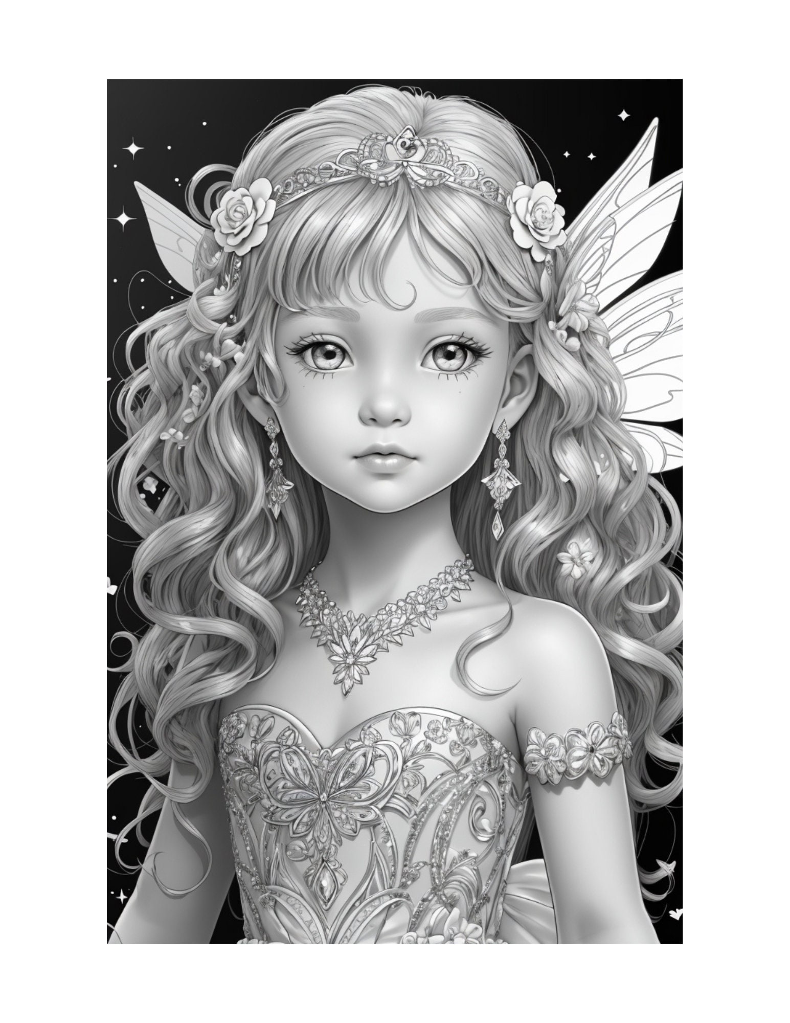 Fairy Dress and Jewels Coloring Page for Adults Cute Grayscale Cute ...