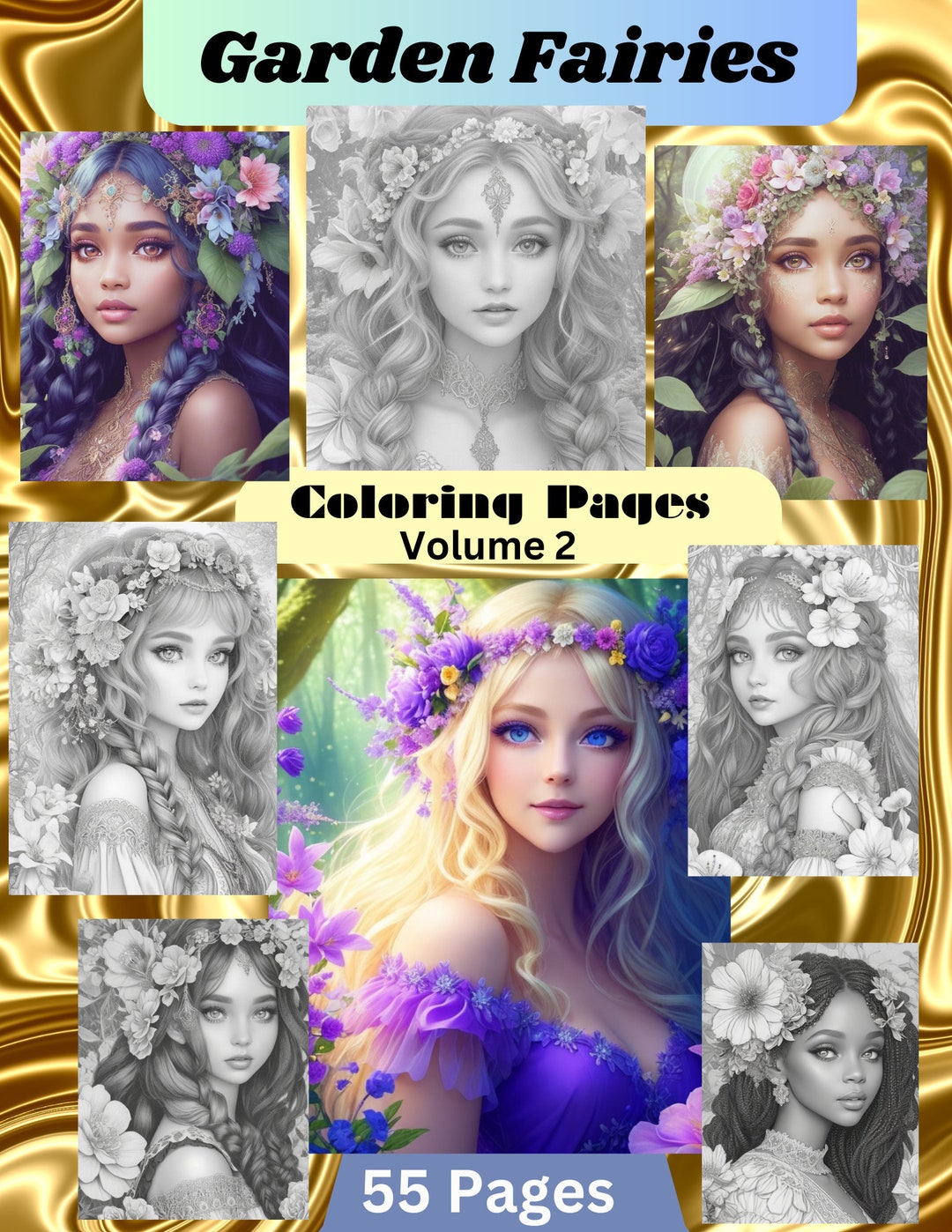 Garden Fairy & Fairy Princess Coloring Page for Adults Cute Grayscale ...