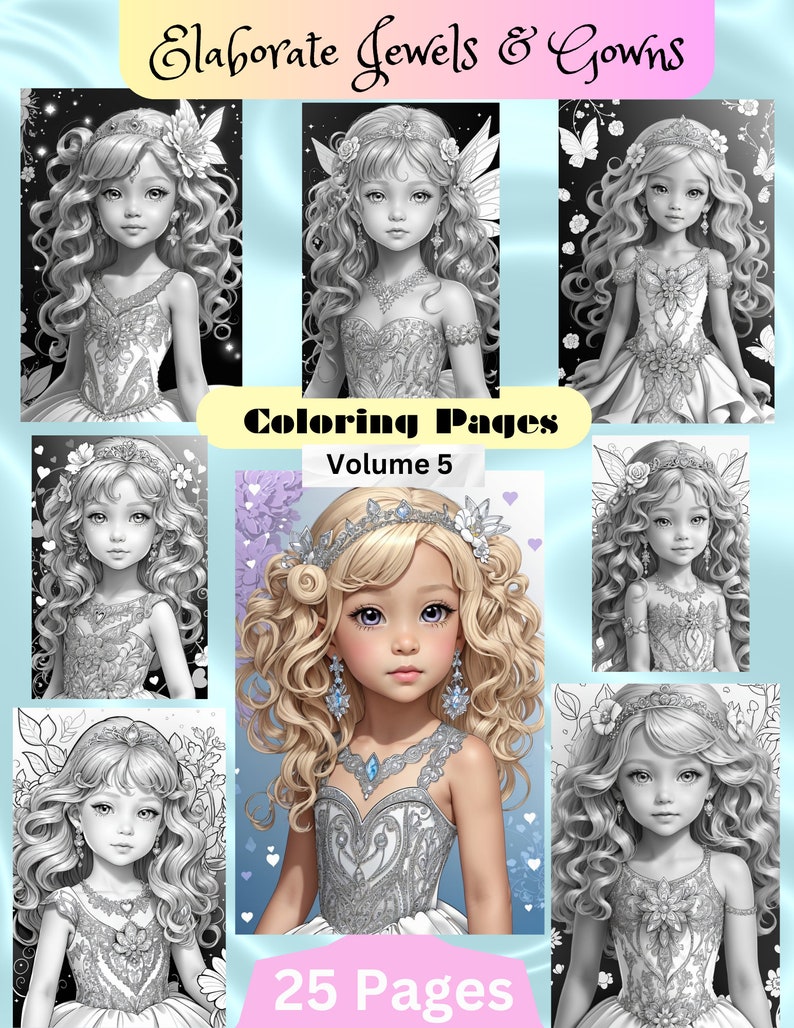 Fairy Dress and Jewels Coloring Page for Adults Cute Grayscale Cute ...