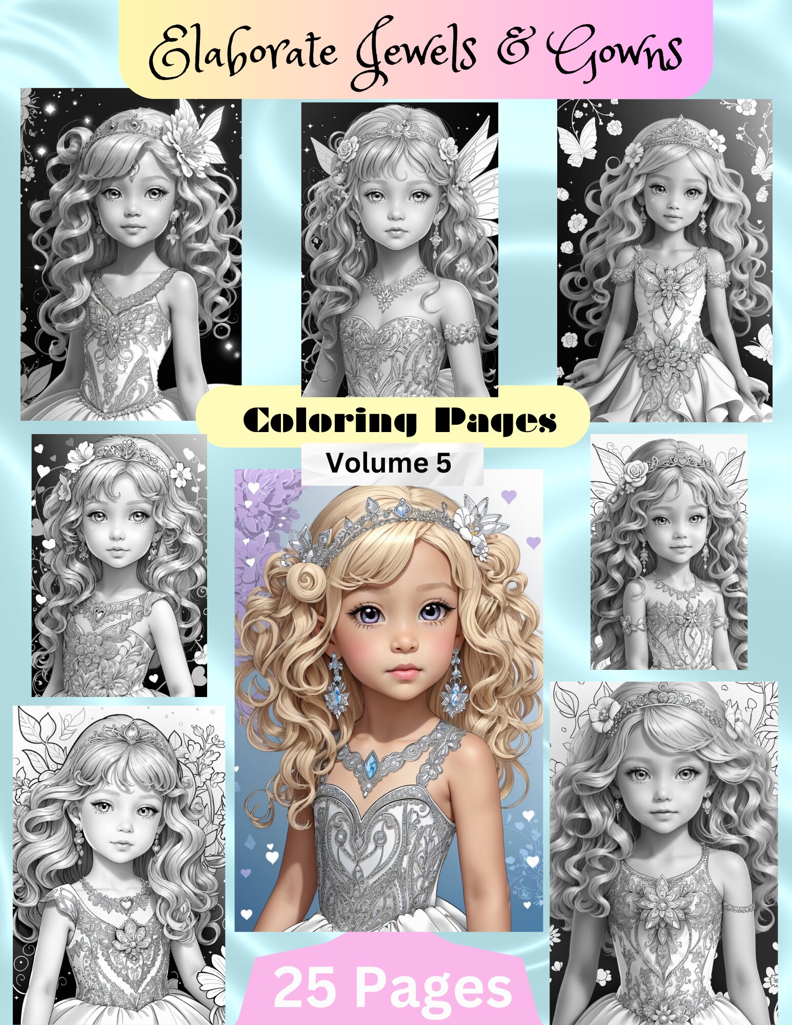 Fairy Dress and Jewels Coloring Page for Adults Cute Grayscale Cute ...